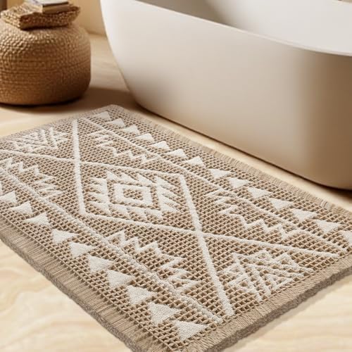 Amazon.com: Waffle Bath Mat, Boho Woven Modern Bath Rug Absorbent Non ...