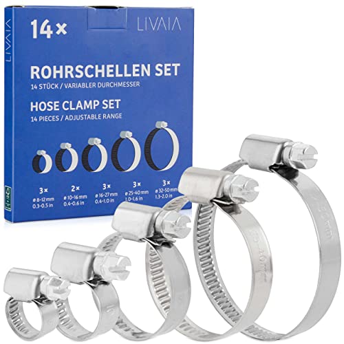 Hose Clamp Set: 14x Stainless Steel Hose Clips 5 Sizes 8mm, 0.3 in to ...