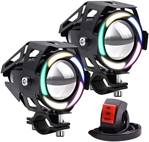 YnGia Motorcycle Driving Fog Light with Multicolor Halo, Led Spotlights with 3 Wires Switch 12V ...