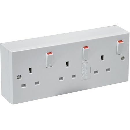 White 2 Gang Twin Double Switched Wall Socket + 25mm Surface Pattress ...