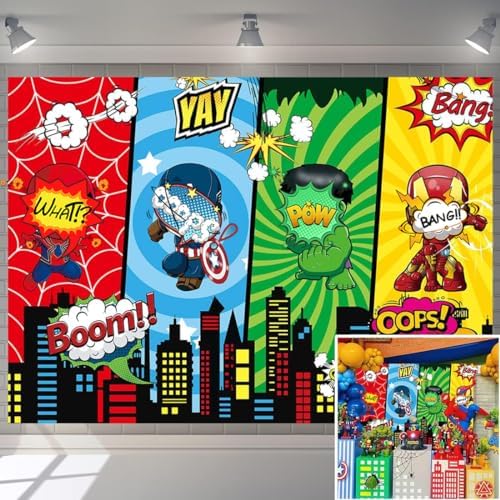 Amazon.com : Cartoon Super Heros Backdrop Birthday Decorations City ...