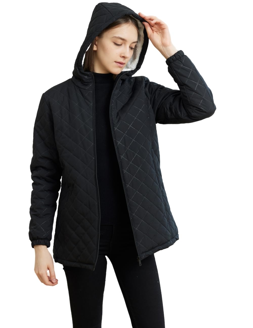 Womens Winter Outdoor Two-Pocket Fleece Hooded Long Warm Zipper Jacket ...