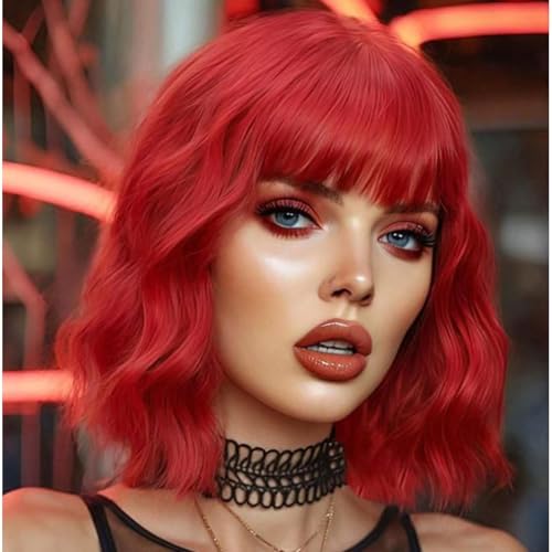 andromeda Red Wavy Wig with Bangs Soft Short Bob Wigs for Women ...