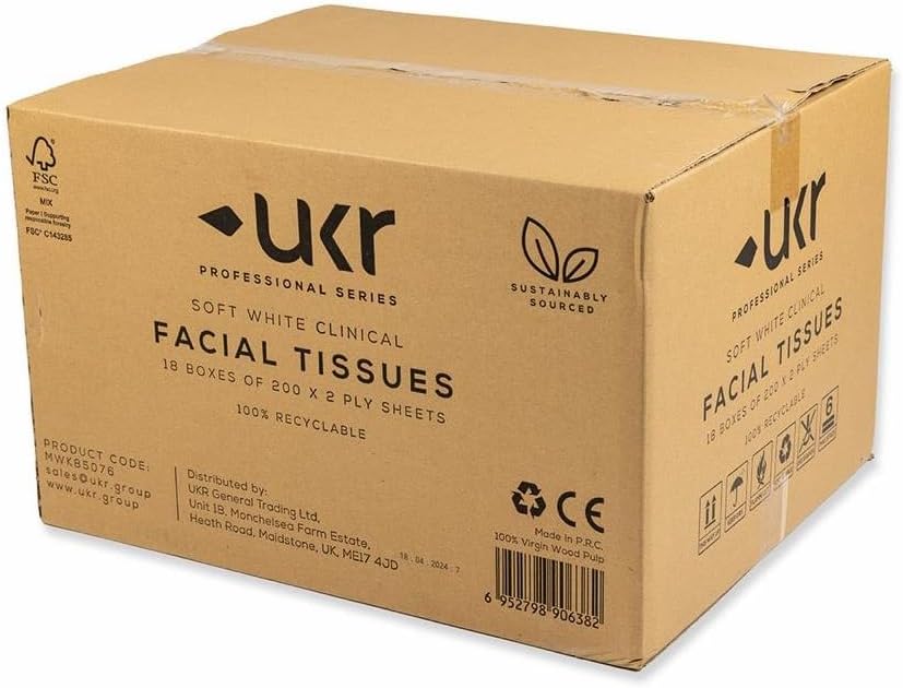 UKR Clinical White 2-ply Facial Tissues - 18 Boxes of 200 Face Tissue ...