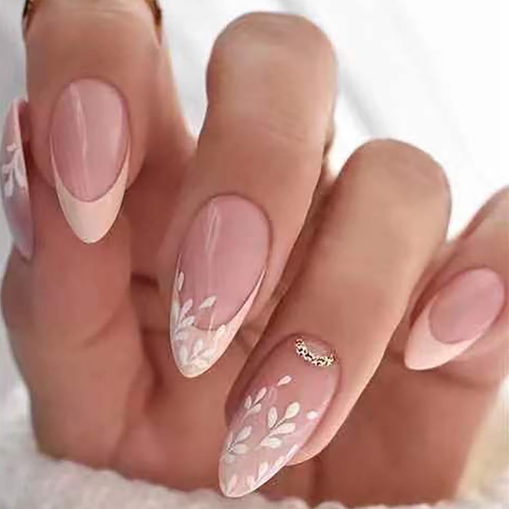 Amazon.com: ANDGING French Tip Press on Nails Almond Medium Long Pink ...