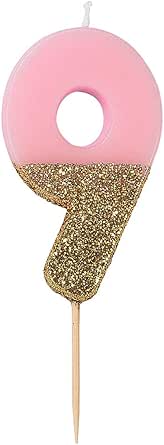 Pink Number 9 Nine Birthday Candle with Gold Glitter | Premium Quality ...