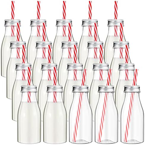 Amazon.com: Yinkin 20 Set Plastic Milk Bottles with Straws & Metal Lids ...