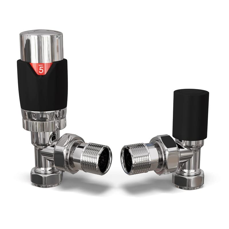 UK Radiators Black Thermostatic Radiator Valves and Angled Lockshield ...