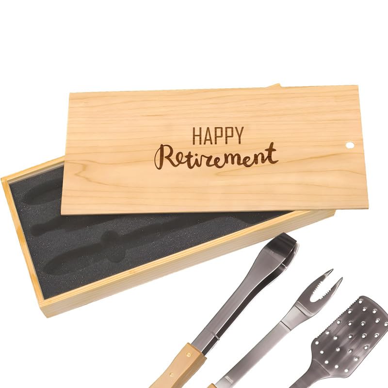 Amazon.com: HAPPY Retirement Flowing Script BBQ Tool Set: Stainless ...