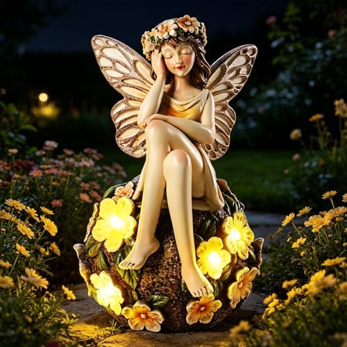 YHSOLAR Solar Fairy Statue Sitting on the Flower Ball Light 6.8" Angel ...