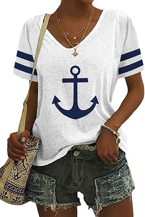 Amazon.com: Womens Nautical Anchor Print T Shirt Casual Marine Sea ...