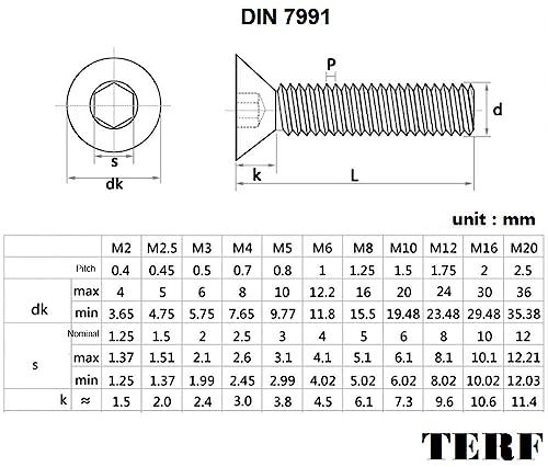 TERF M6 X 60mm Hex Socket Countersunk Machine Screw M6 (6mm) X 60mm ...