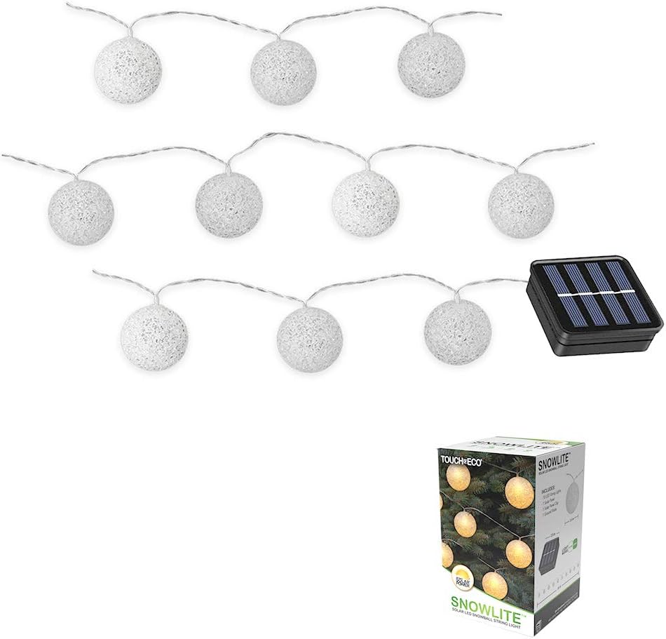 Touch Of ECO Solar LED Snowball String Lights, 20 Feet, 10 Snowball LED ...