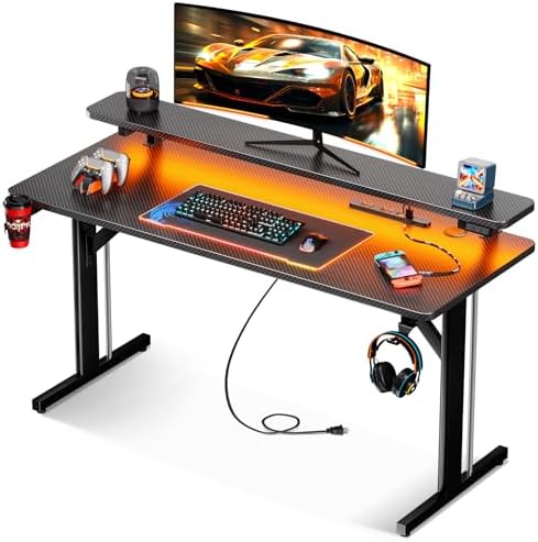 Amazon.co.jp: MOTPK Gaming Desk with LED Light, Gaming Table, PC Desk ...