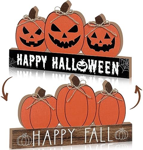 Amazon.com: Purpeak Fall Wooden Table Sign Double Side Halloween and ...