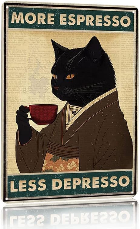 Vintage Black Cat Coffee Poster More Espresso Less Depresso Wall Sign ...