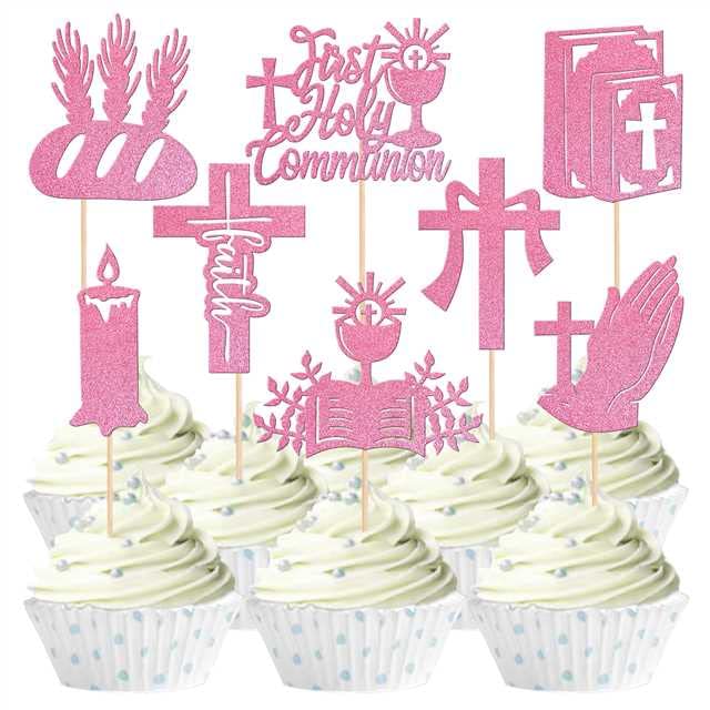 24 Pack First Holy Communion Cupcake Toppers with Glitter Cross Bible ...