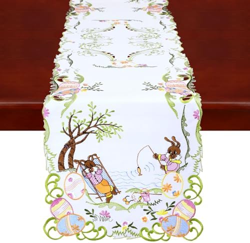 Amazon.com: Creative Linens Embroidered Easter Bunny Egg Floral Table ...