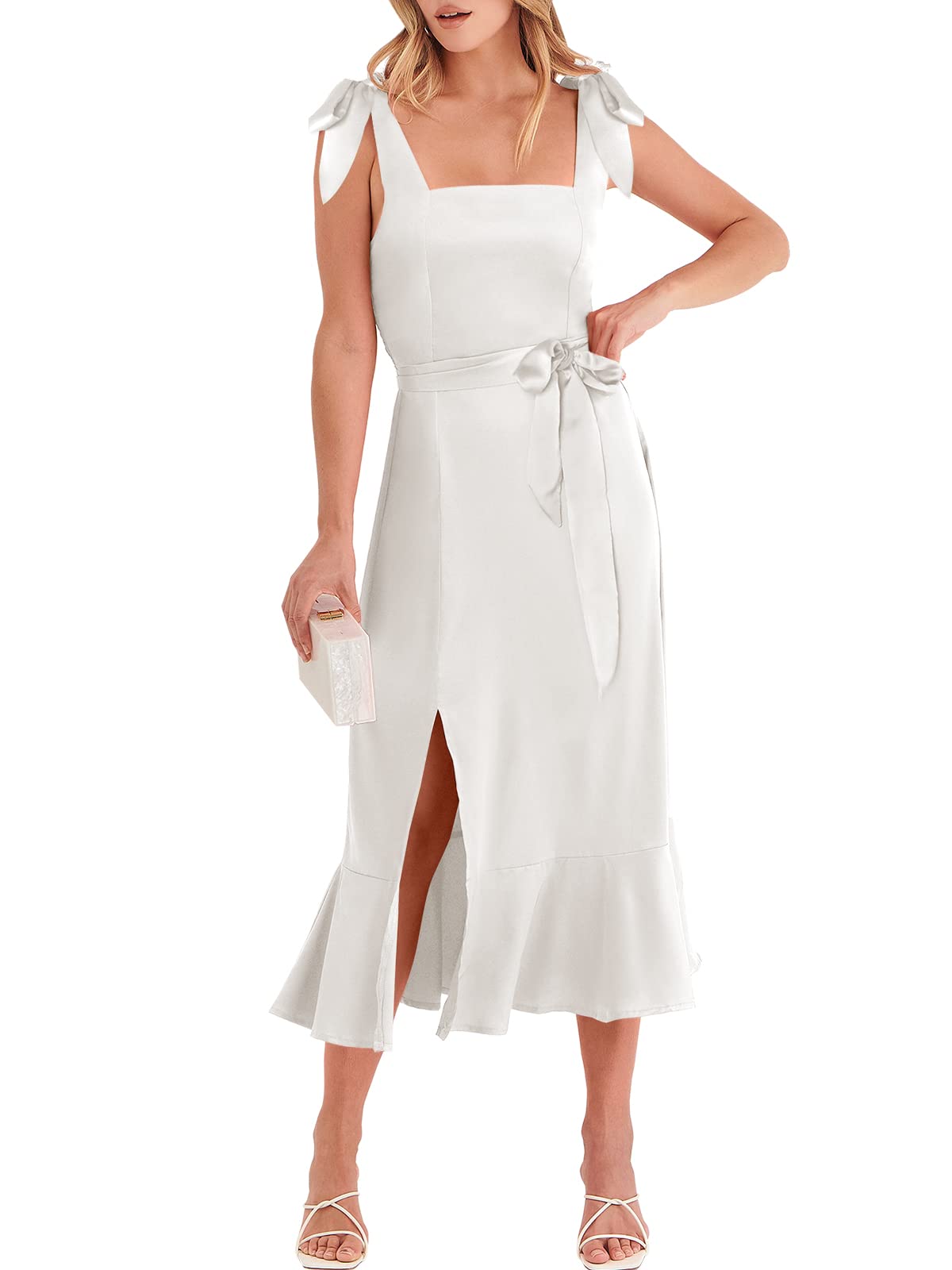 ANRABESS Women's Satin Formal Dress Square Neck Ruffle Split Midi ...