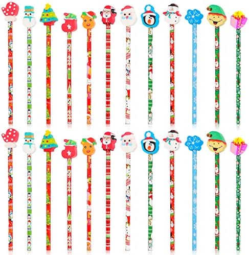 Amazon.com : Qpout 24pcs Christmas Pencils With 24pcs Christmas Erasers ...