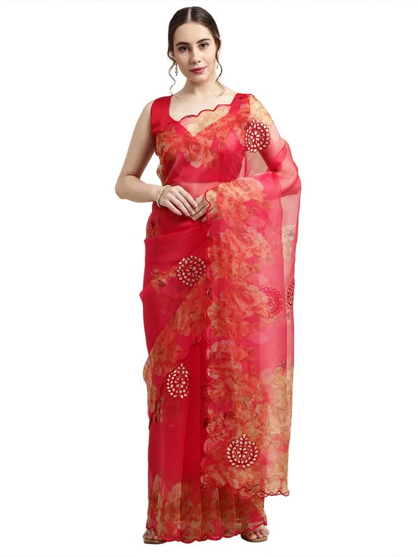 Satrani Women'S Organza Scalloped Border & Printed With Gota Embroidery ...