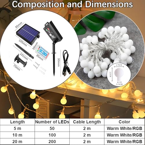 20 m 200 LED Balls Solar Fairy Lights Outdoor Colourful 8 Modes Fairy ...