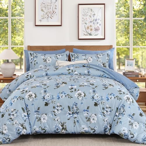 Amazon.com: Dinjoy Floral Comforter Set Queen, 7 Piece Blue Bedding ...