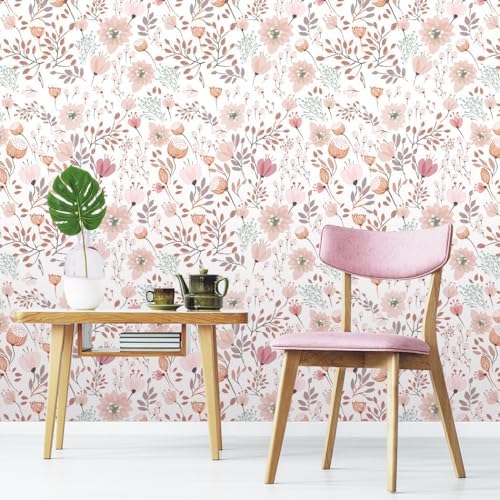 VistaPalette 18"x236" Watercolor Flower Leaf Pink White Grey Peel and ...