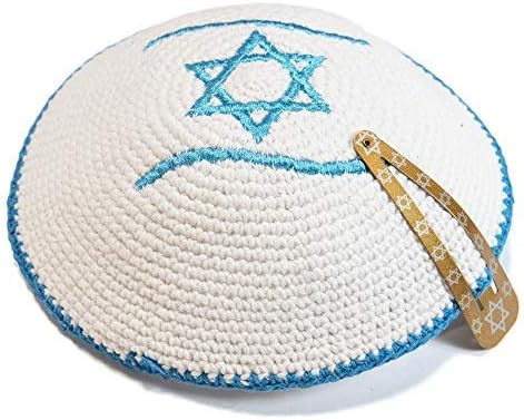 Knitted 18 cm White Magen David Kippah Jewish Kipa Israel Flag Yarmulke ...
