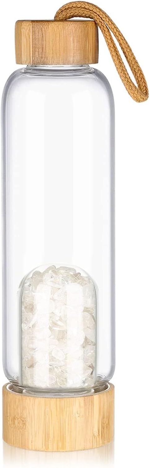 Amazon｜600ml 天然クリスタルウォーターボトル クォーツ 竹蓋 砂利ウォーターグラス プレミアムガラス クォーツクリスタル エネルギーウォーターボトル 天然クリスタルポイントセラピー ...