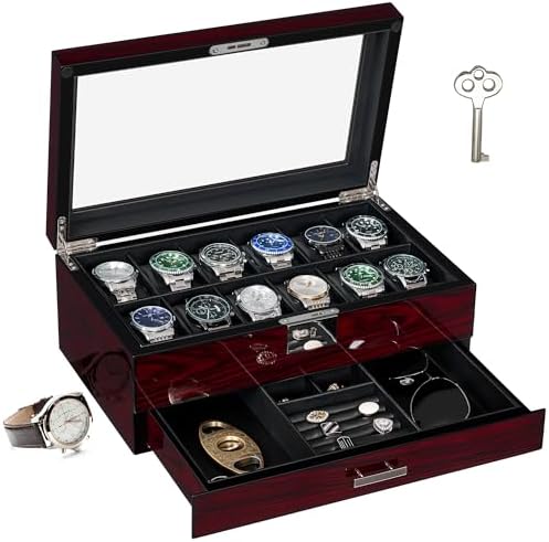 Amazon.com: ANWBROAD 12 Watch Case Watch Box with Large Glass Lid ...