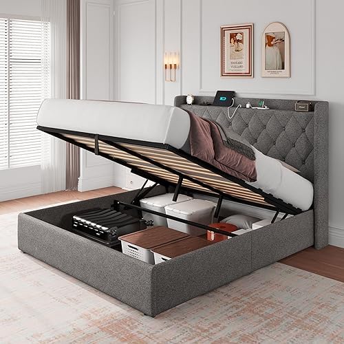 Amazon.com: iPormis Full Size Lift Up Storage Bed with Fast Charging ...