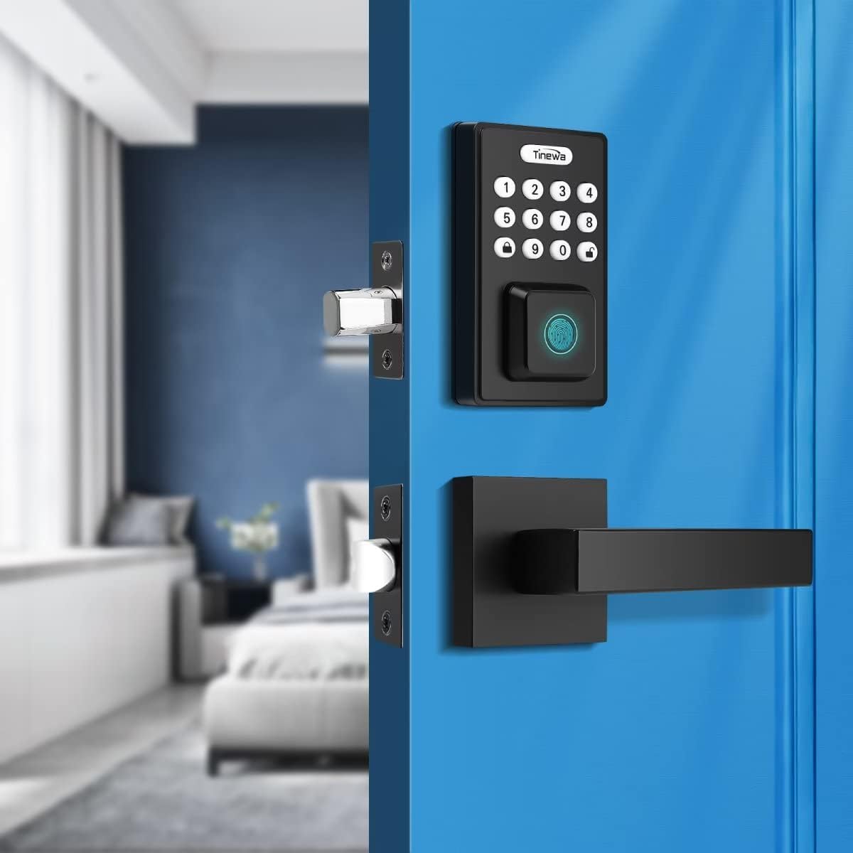 Tinewa Keyless Entry Door Lock with 2 Lever Handles, Fingerprint Entry ...