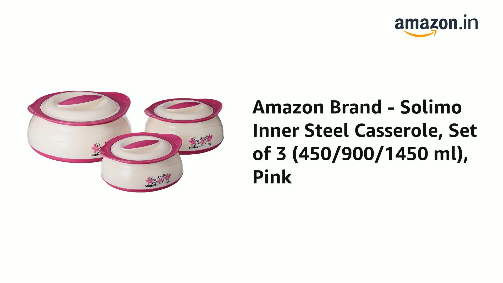 Watch Amazon Brand - Solimo Inner Steel Casserole, Set of 3 ﹙450/900 ...
