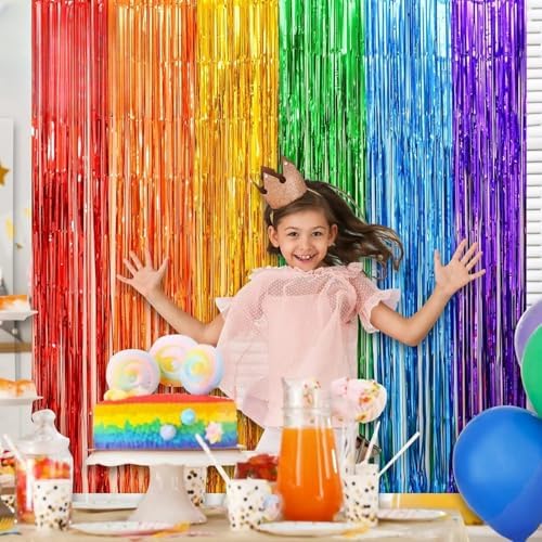 Amazon.com : LOLStar Rainbow Foil Fringe Curtains, 2 Pack Rainbow Party ...