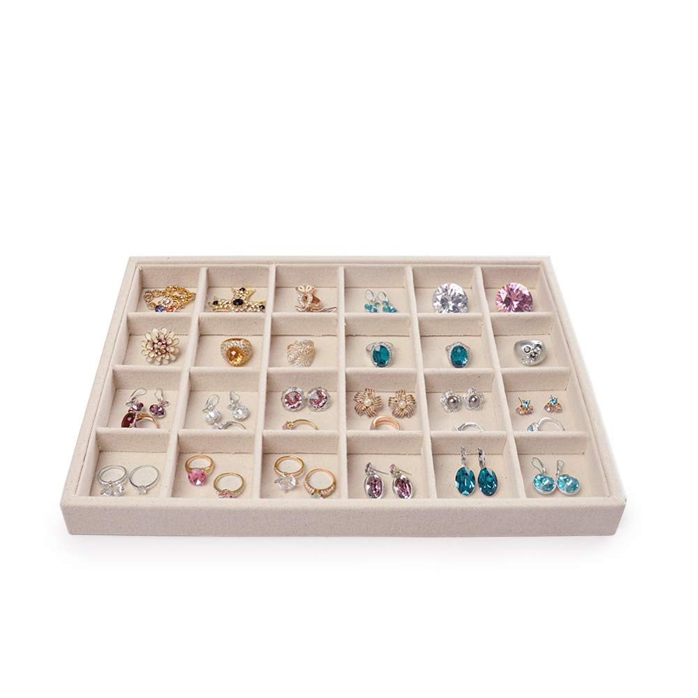 Oirlv Stackable Linen Jewelry Tray Adjustable 24 Grid Jewelry Storage ...