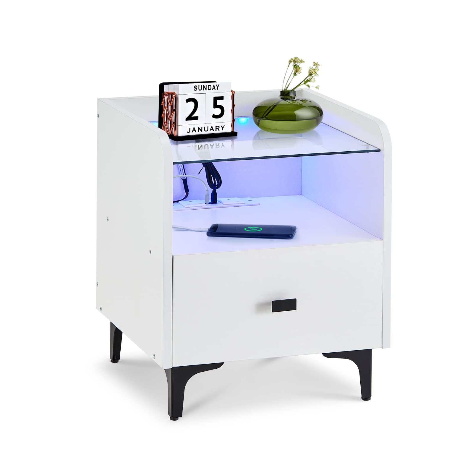 LEMROE Bedside Table with Charging Station and LED Light Bedside ...