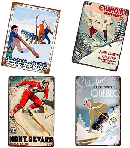 XUMING Lot De 4 Hiver Ski 20x30cm Vintage Plaque Affiche éTain MéTal Mur Signe RéTro DéCoration ...