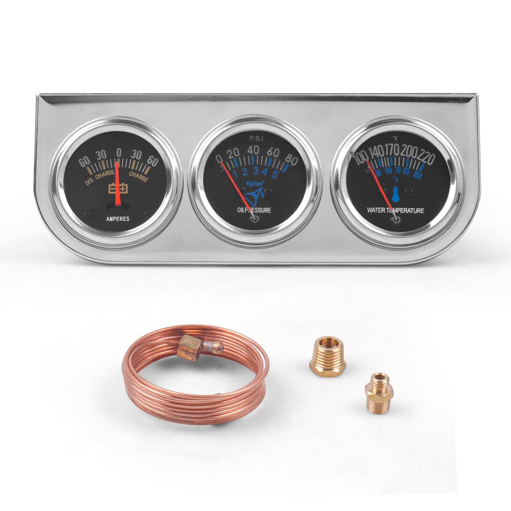 2'' 52mm Chrome Universal Car 3in1 Triple Gauge Set Kit AMP Meter Water ...
