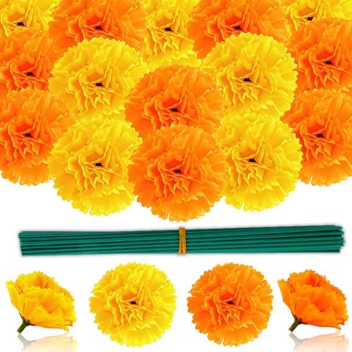 Amazon.com: 100 Pcs Artificial Marigold Flowers with Stems 3.5 Inch Day ...