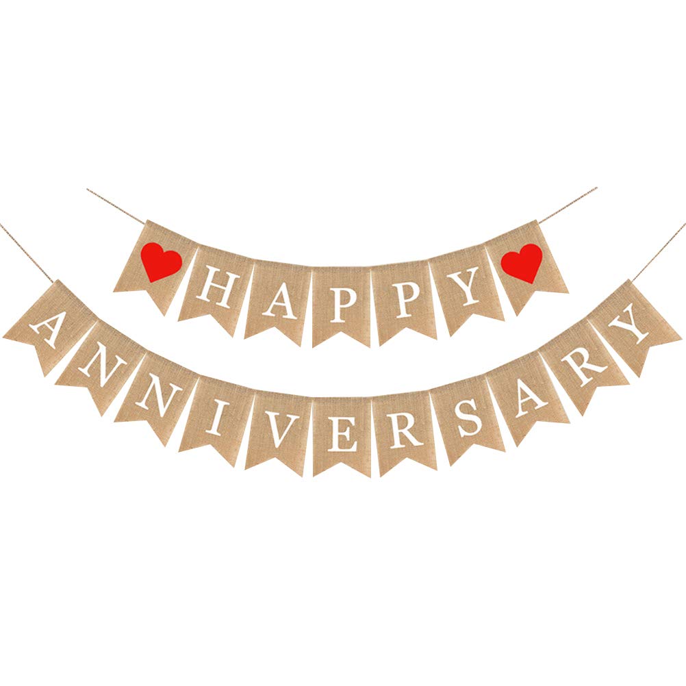 Red Heart Printing Banner Happy Anniversary Letter Garland Linen ...