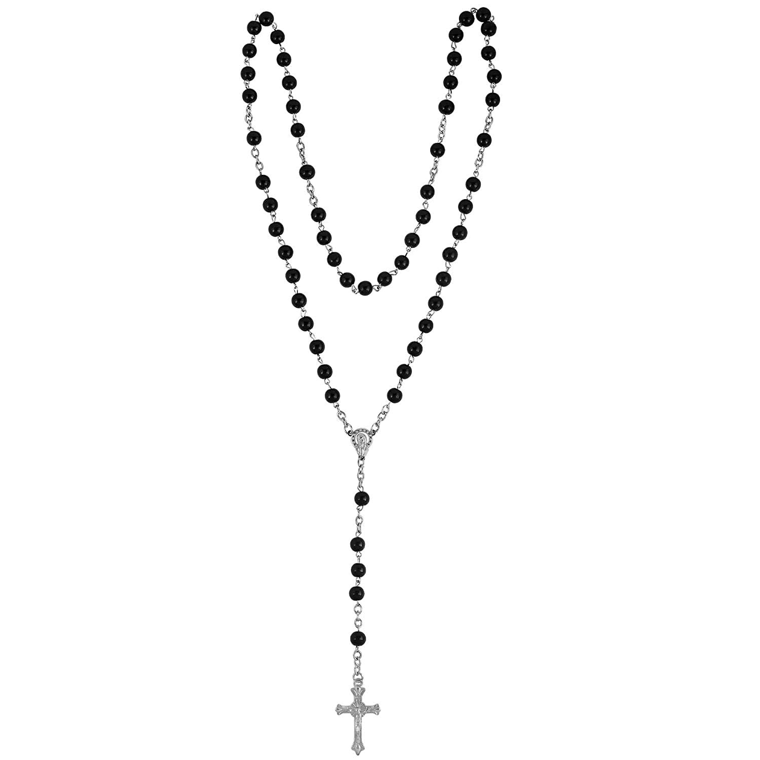 VR Creatives Black Moti Stone Rosary Beads Metal Lord Holy Jesus Christ ...