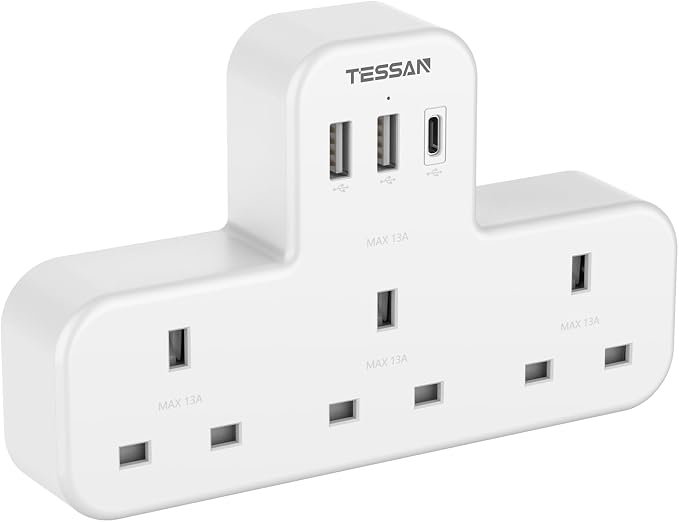 Plug Adapter, TESSAN Plug Extension Socket with 3 USB, 3 Way UK Multi ...