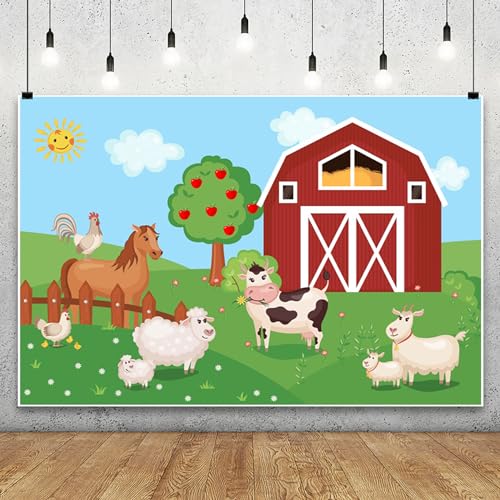 Buy Renaiss 5x3ft Farm Animals Backdrop Cartoon Red Barn Door Barnyard ...