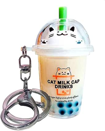 KUPOOL Milk Tea Keychain Creative Cat Bubble Tea Key Chain Mini ...