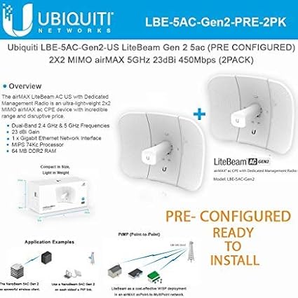 UBNT Networks LiteBeam Gen 2 AC LBE-5AC-Gen2-US Pre-Configured 2X2 MIMO ...
