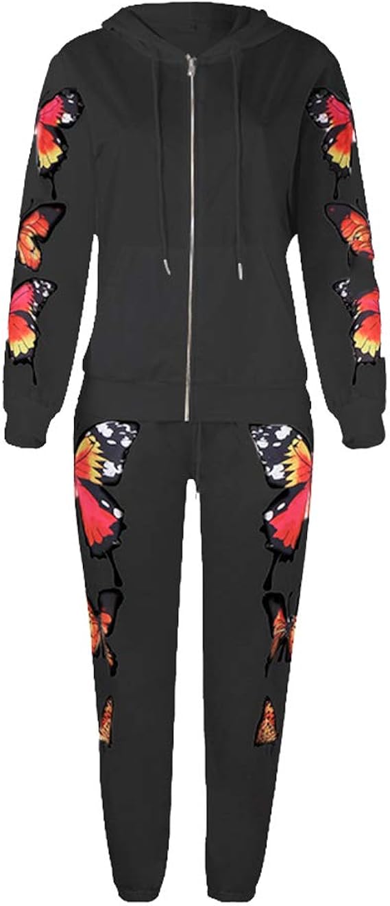 2 Piece Womens Butterfly Print Tracksuit Set Loungewear Long Sleeve Zip ...