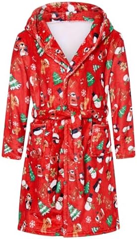 Funnycokid Christmas Bathrobes Girls Flannel Hooded Sleepwear Red Kids ...