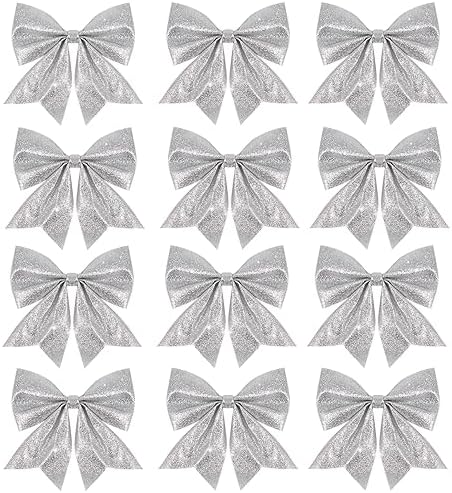 SULOLI Christmas Tree Bows,12PCS Silver Bows for Christmas Tree Bows ...