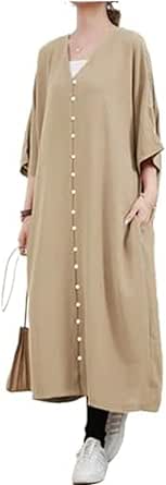 Amazon.co.jp: [Monotory] ワンピース ロングワンピース レディース 夏 半袖 シャツワンピース 接触冷感 vネック ボタン 羽織り 羽織 大きいサイズ ゆったり 無地 ...